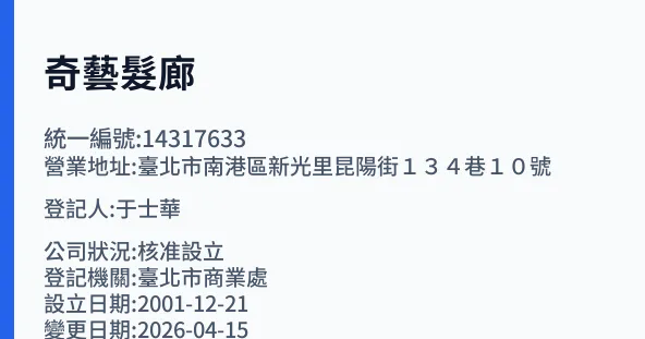 奇藝髮廊的照片-統編 14317633(臺北市) 公司登記資料與營業項目詳細圖表