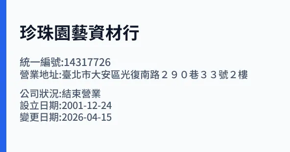 珍珠園藝資材行的照片-統編 14317726(臺北市) 公司登記資料與營業項目詳細圖表