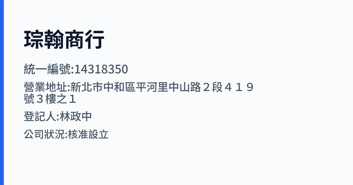 琮翰商行 - 統編 14318350(新北市) 公司登記資料與營業項目詳細圖表