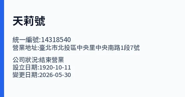 天莉號的照片-統編 14318540(臺北市) 公司登記資料與營業項目詳細圖表