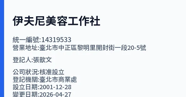 伊夫尼美容工作社的照片-統編 14319533(臺北市) 公司登記資料與營業項目詳細圖表
