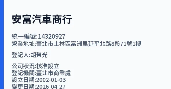 安富汽車商行的照片-統編 14320927(臺北市) 公司登記資料與營業項目詳細圖表