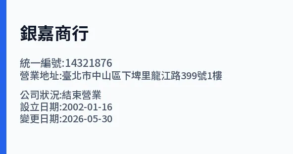 銀嘉商行的照片-統編 14321876(臺北市) 公司登記資料與營業項目詳細圖表