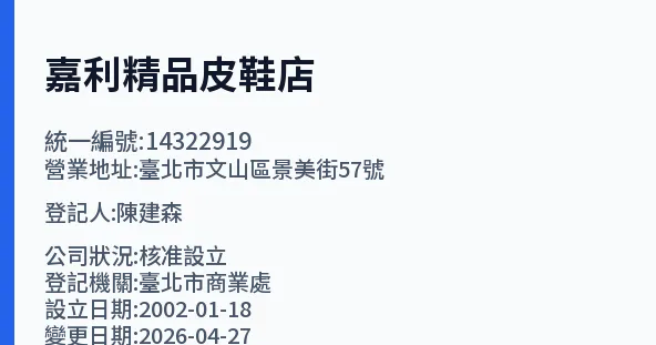 嘉利精品皮鞋店的照片-統編 14322919(臺北市) 公司登記資料與營業項目詳細圖表