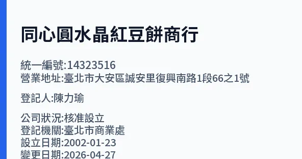 同心圓水晶紅豆餅商行的照片-統編 14323516(臺北市) 公司登記資料與營業項目詳細圖表