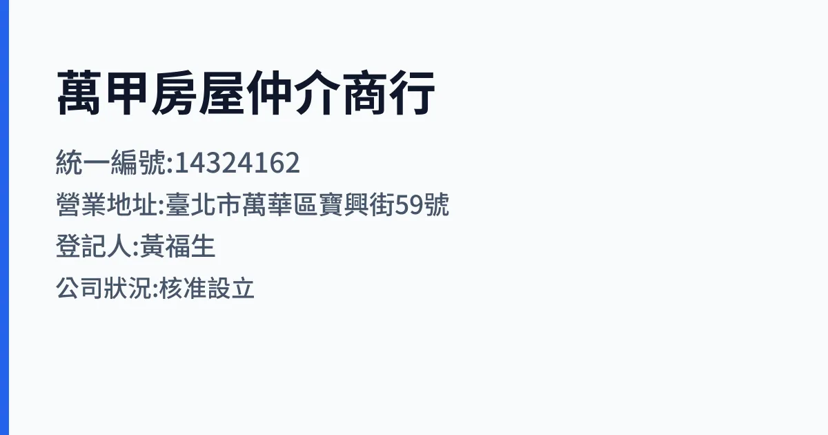 萬甲房屋仲介商行 - 統編 14324162(臺北市) 公司登記資料與營業項目詳細圖表