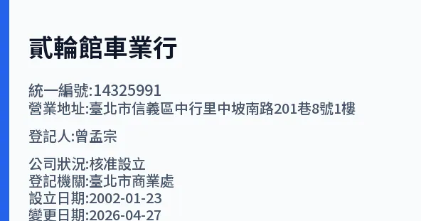 貳輪館車業行的照片-統編 14325991(臺北市) 公司登記資料與營業項目詳細圖表