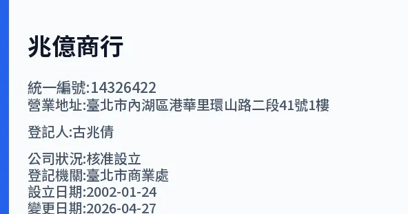 兆億商行的照片-統編 14326422(臺北市) 公司登記資料與營業項目詳細圖表