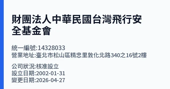 財團法人中華民國台灣飛行安全基金會的照片-統編 14328033(臺北市) 公司登記資料與營業項目詳細圖表