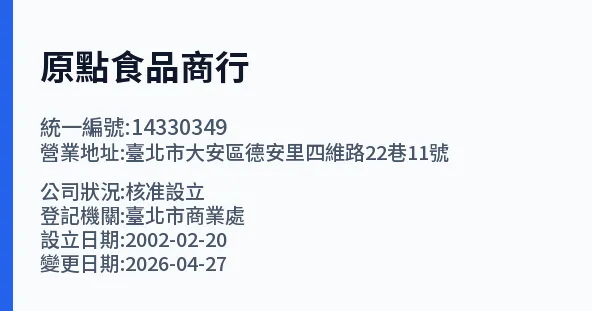 原點食品商行的照片-統編 14330349(臺北市) 公司登記資料與營業項目詳細圖表