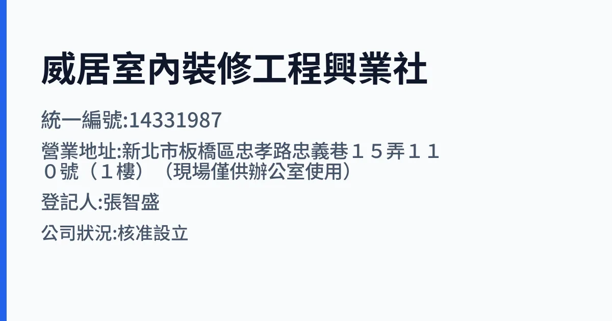 威居室內裝修工程興業社 - 統編 14331987(新北市) 公司登記資料與營業項目詳細圖表