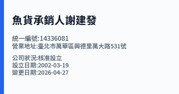 魚貨承銷人謝建發的照片-統編 14336081(臺北市) 公司登記資料與營業項目詳細圖表