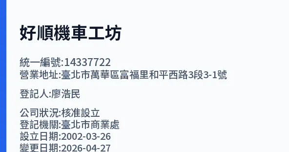 好順機車工坊的照片-統編 14337722(臺北市) 公司登記資料與營業項目詳細圖表