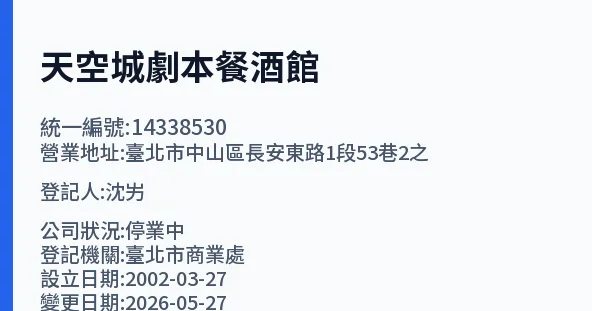 天空城劇本餐酒館的照片-統編 14338530(臺北市) 公司登記資料與營業項目詳細圖表
