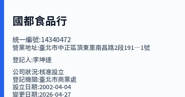 國都食品行的照片-統編 14340472(臺北市) 公司登記資料與營業項目詳細圖表