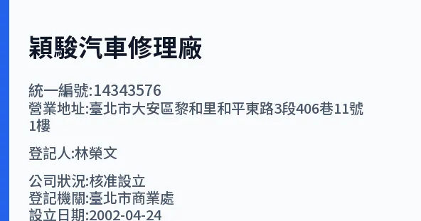 穎駿汽車修理廠的照片-統編 14343576(臺北市) 公司登記資料與營業項目詳細圖表
