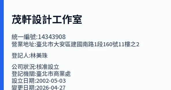 茂軒設計工作室的照片-統編 14343908(臺北市) 公司登記資料與營業項目詳細圖表
