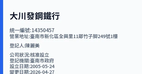 大川發鋼鐵行的照片-統編 14350457(臺南市) 公司登記資料與營業項目詳細圖表