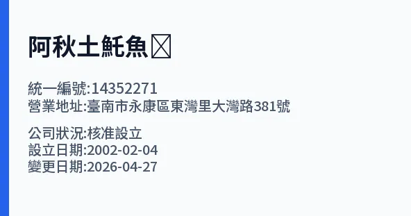 阿秋土魠魚焿的照片-統編 14352271(臺南市) 公司登記資料與營業項目詳細圖表