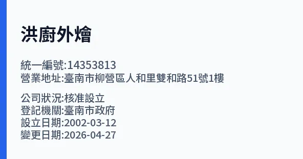 洪廚外燴的照片-統編 14353813(臺南市) 公司登記資料與營業項目詳細圖表