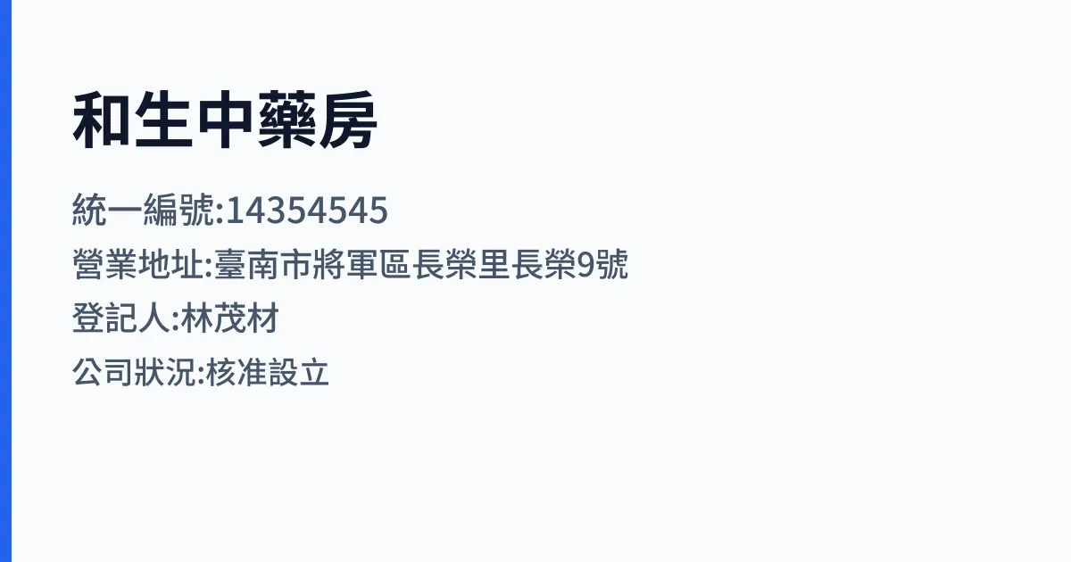和生中藥房 - 統編 14354545(臺南市) 公司登記資料與營業項目詳細圖表