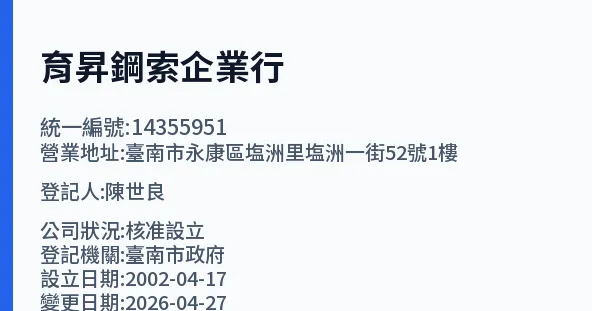 育昇鋼索企業行的照片-統編 14355951(臺南市) 公司登記資料與營業項目詳細圖表