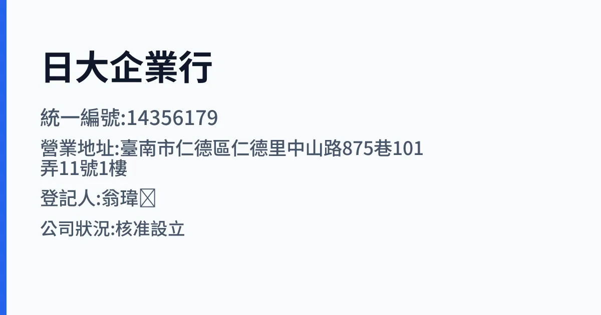 日大企業行 - 統編 14356179(臺南市) 公司登記資料與營業項目詳細圖表