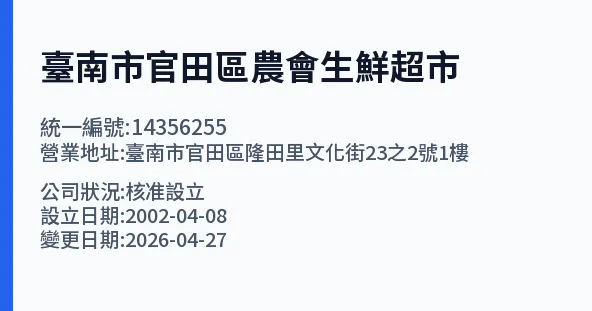 臺南市官田區農會生鮮超市的照片-統編 14356255(臺南市) 公司登記資料與營業項目詳細圖表