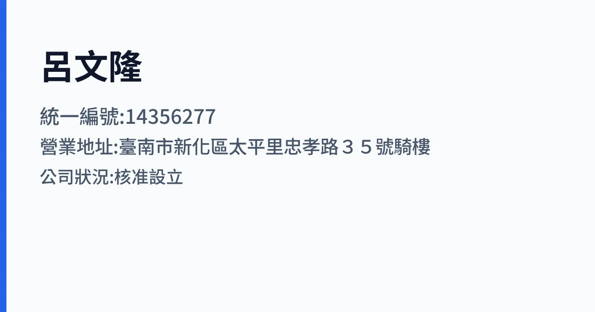 呂文隆 - 統編 14356277(臺南市) 公司登記資料與營業項目詳細圖表