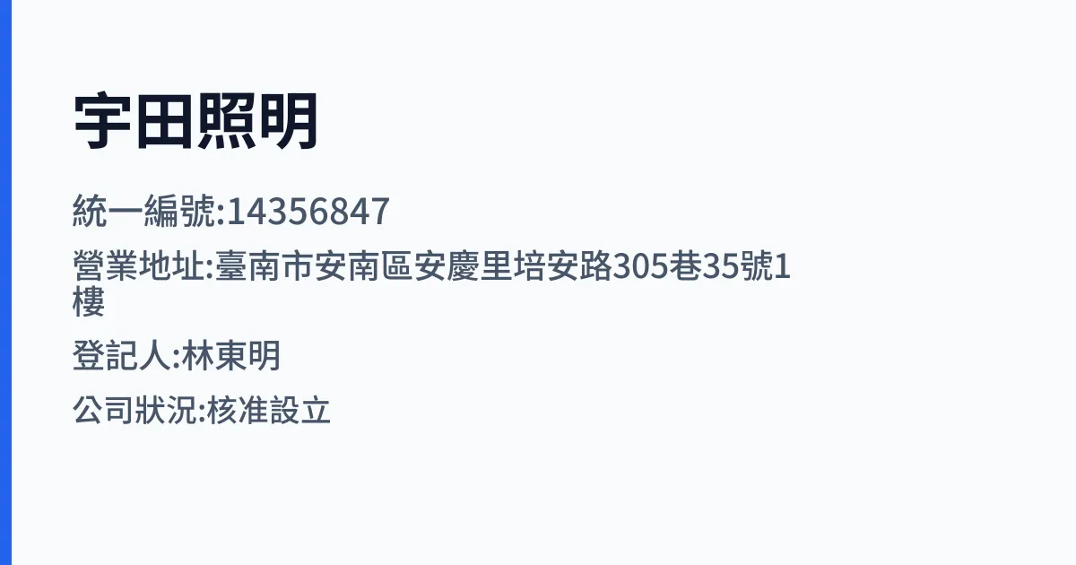 宇田照明 - 統編 14356847(臺南市) 公司登記資料與營業項目詳細圖表