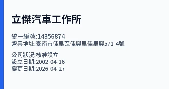 立傑汽車工作所的照片-統編 14356874(臺南市) 公司登記資料與營業項目詳細圖表