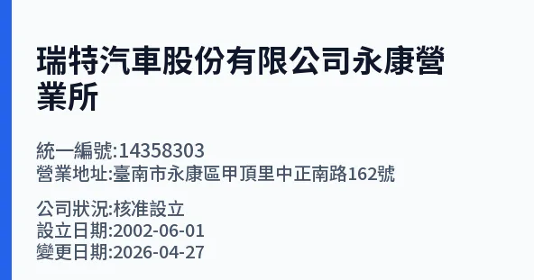 瑞特汽車股份有限公司永康營業所的照片-統編 14358303(臺南市) 公司登記資料與營業項目詳細圖表