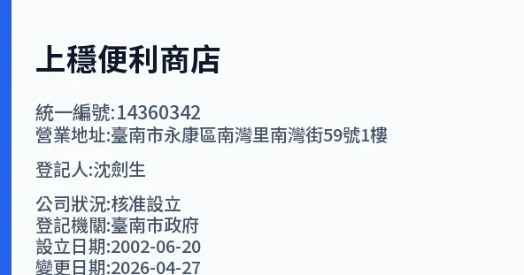 上穩便利商店的照片-統編 14360342(臺南市) 公司登記資料與營業項目詳細圖表