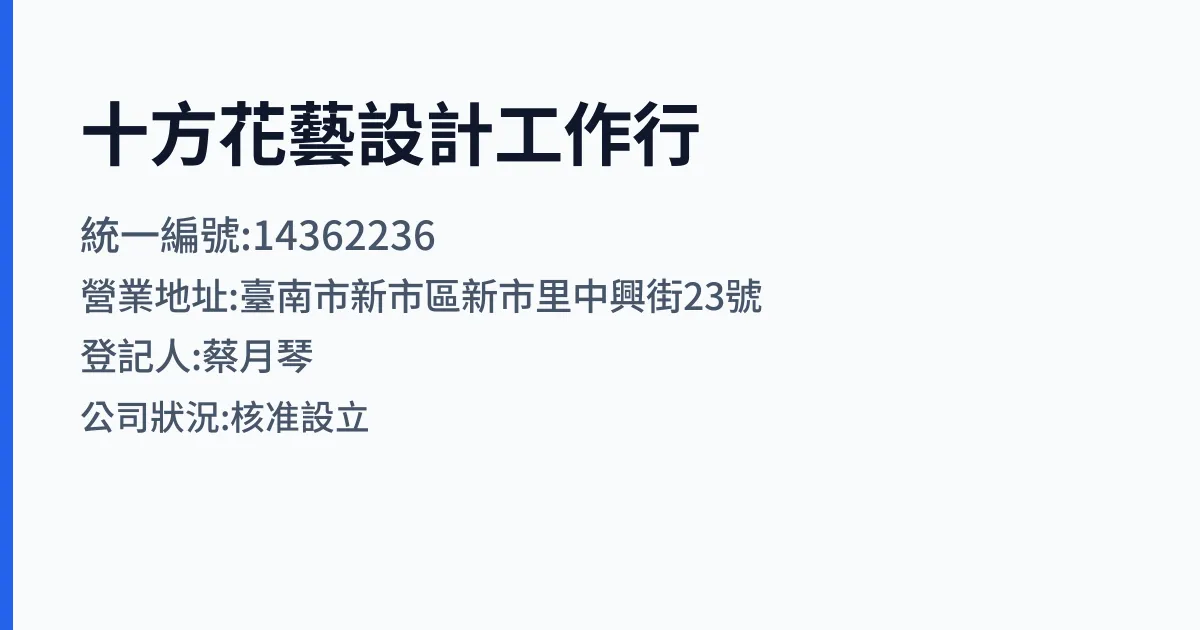 十方花藝設計工作行 - 統編 14362236(臺南市) 公司登記資料與營業項目詳細圖表