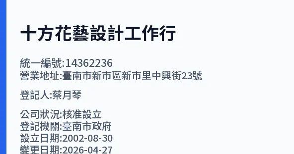 十方花藝設計工作行的照片-統編 14362236(臺南市) 公司登記資料與營業項目詳細圖表
