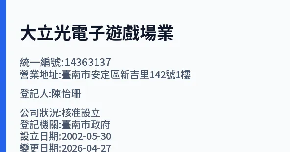 大立光電子遊戲場業的照片-統編 14363137(臺南市) 公司登記資料與營業項目詳細圖表