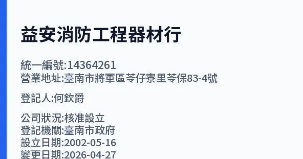 益安消防工程器材行的照片-統編 14364261(臺南市) 公司登記資料與營業項目詳細圖表
