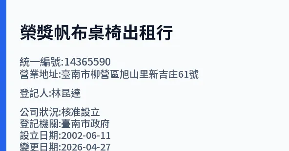 榮獎帆布桌椅出租行的照片-統編 14365590(臺南市) 公司登記資料與營業項目詳細圖表