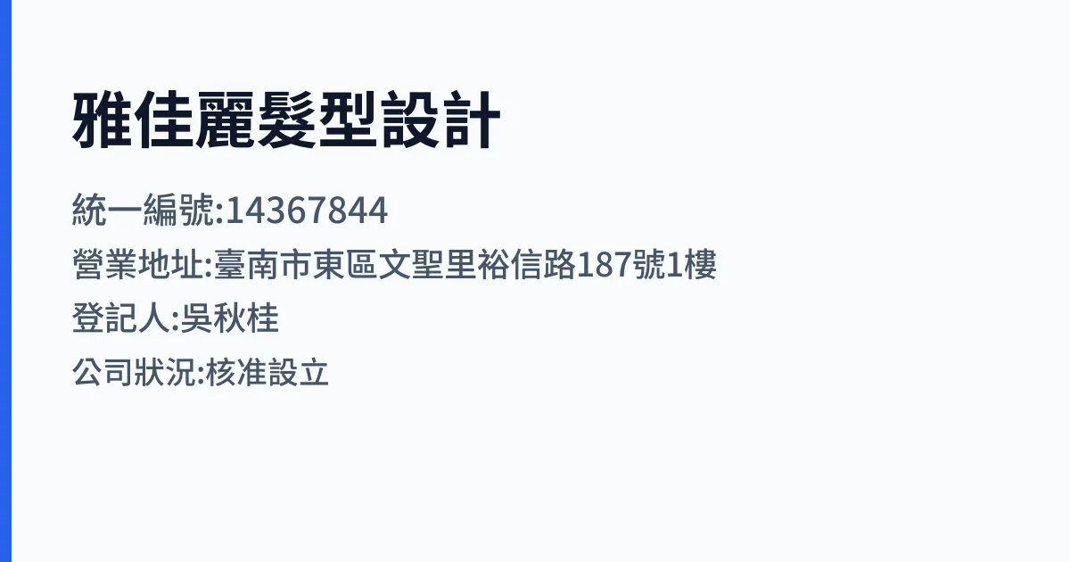 雅佳麗髮型設計 - 統編 14367844(臺南市) 公司登記資料與營業項目詳細圖表
