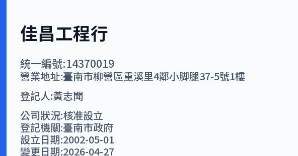 佳昌工程行的照片-統編 14370019(臺南市) 公司登記資料與營業項目詳細圖表