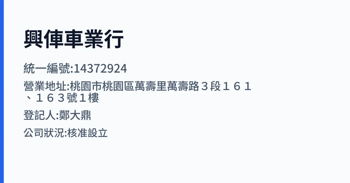 興俥車業行 - 統編 14372924(桃園市) 公司登記資料與營業項目詳細圖表