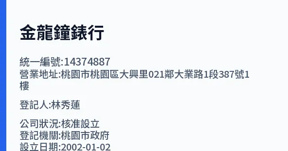 金龍鐘錶行的照片-統編 14374887(桃園市) 公司登記資料與營業項目詳細圖表