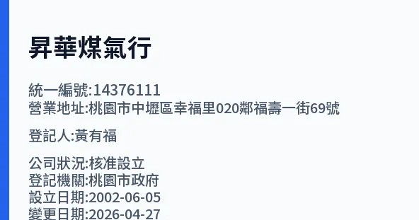 昇華煤氣行的照片-統編 14376111(桃園市) 公司登記資料與營業項目詳細圖表