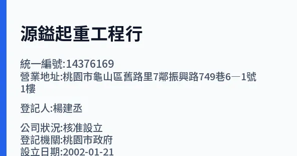 源鎰起重工程行的照片-統編 14376169(桃園市) 公司登記資料與營業項目詳細圖表