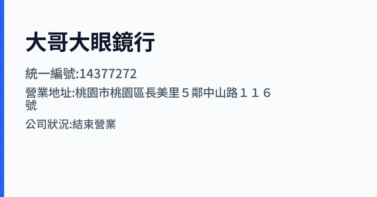大哥大眼鏡行 - 統編 14377272(桃園市) 公司登記資料與營業項目詳細圖表