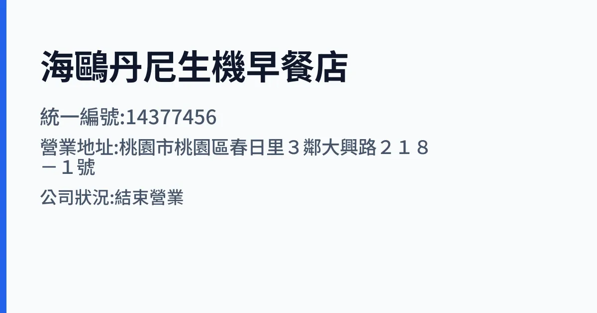 海鷗丹尼生機早餐店 - 統編 14377456(桃園市) 公司登記資料與營業項目詳細圖表