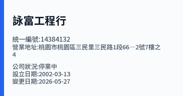 詠富工程行的照片-統編 14384132(桃園市) 公司登記資料與營業項目詳細圖表