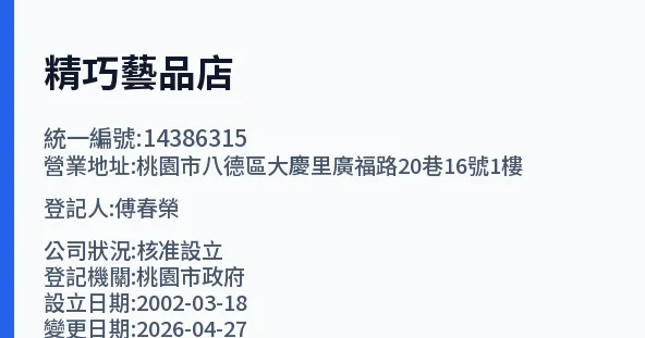 精巧藝品店的照片-統編 14386315(桃園市) 公司登記資料與營業項目詳細圖表