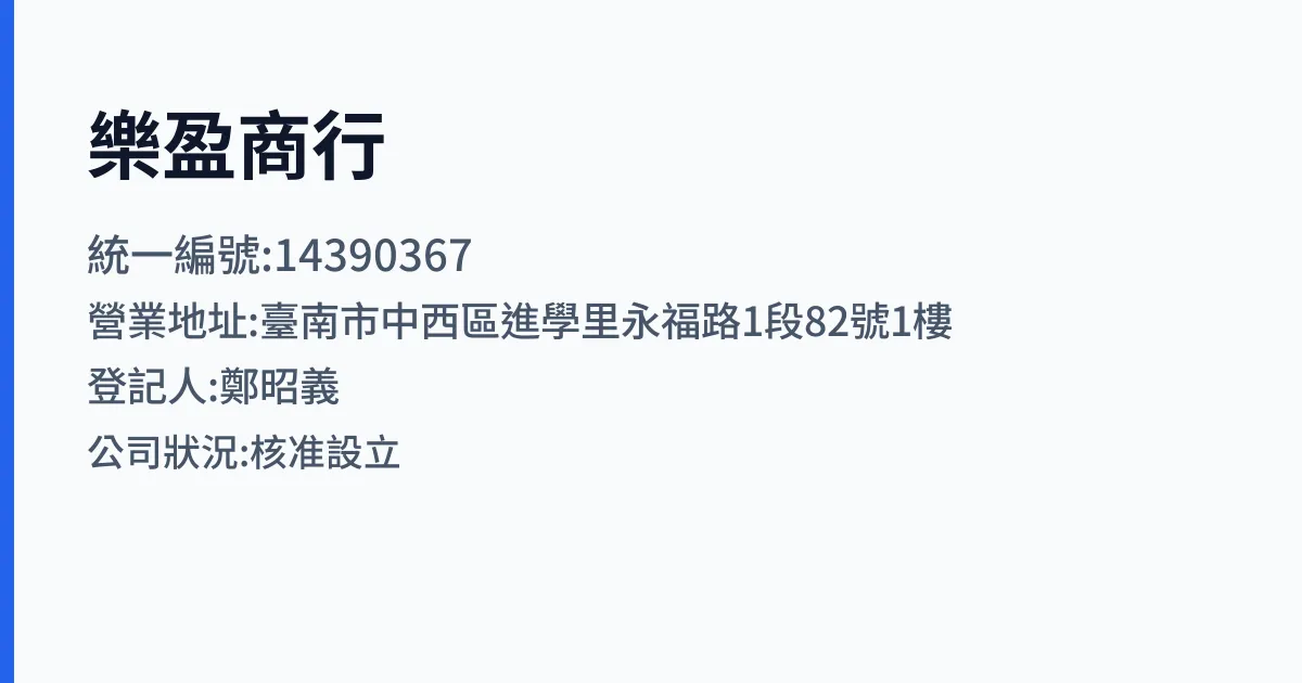 樂盈商行 - 統編 14390367(臺南市) 公司登記資料與營業項目詳細圖表