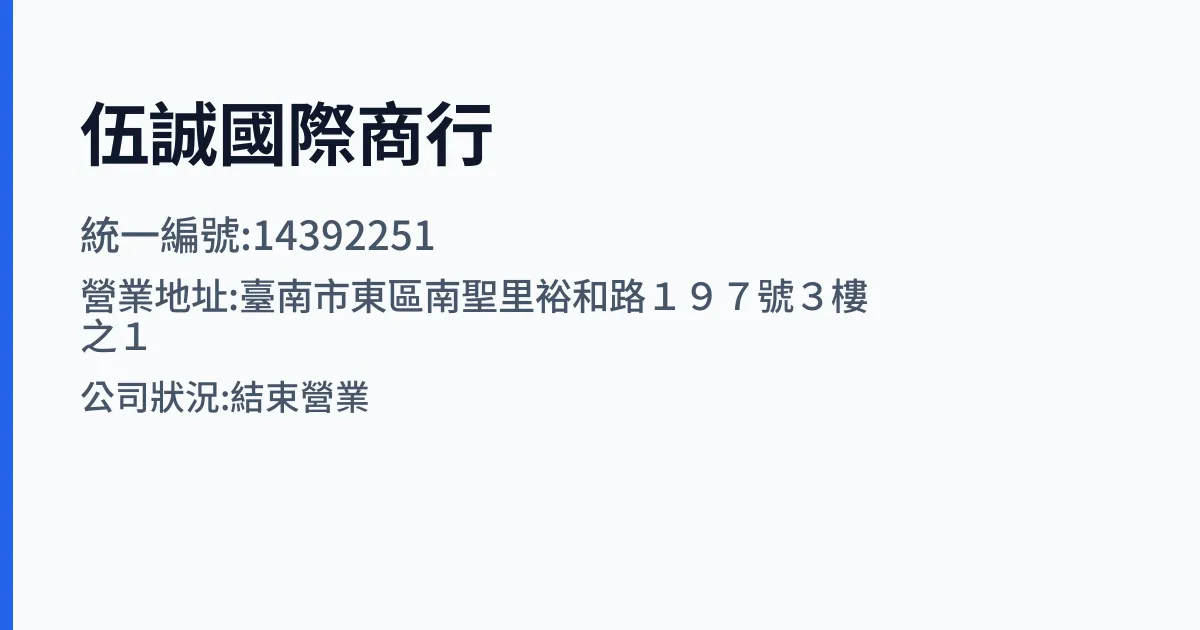 伍誠國際商行 - 統編 14392251(臺南市) 公司登記資料與營業項目詳細圖表